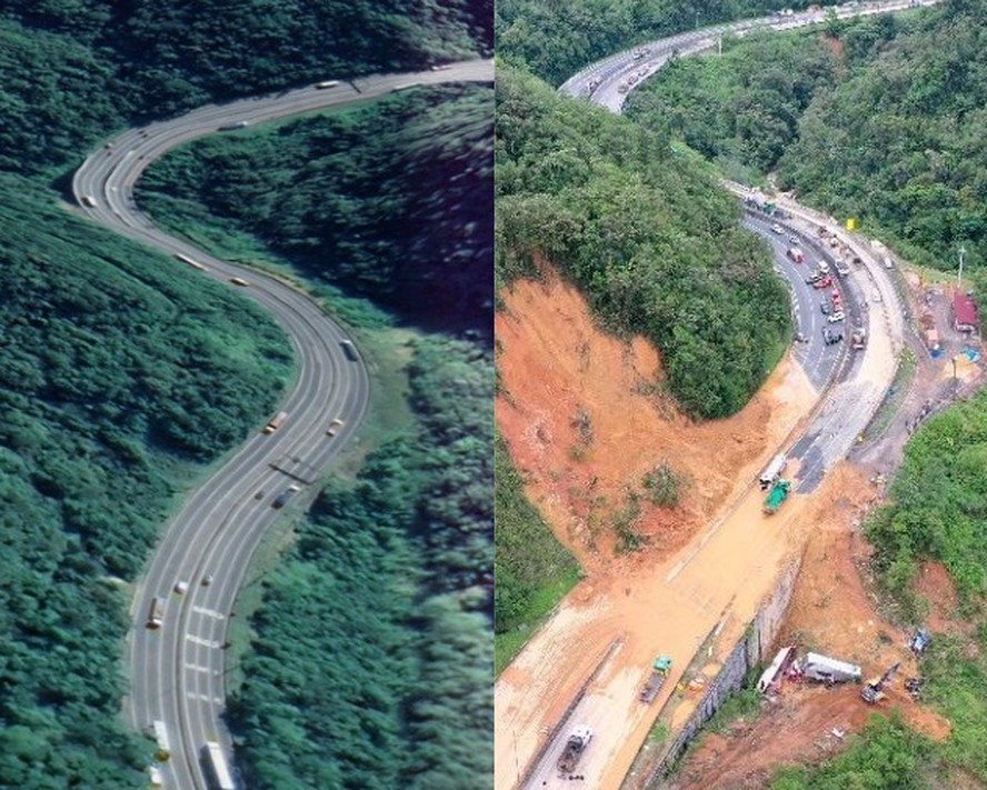 Veja antes e depois do local do deslizamento de terra na BR 376 no Paraná