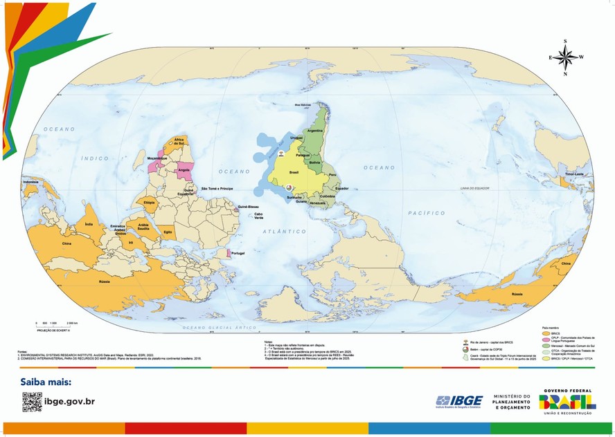 IBGE lança mapa múndi invertido Brasil no centro e hemisfério Sul acima