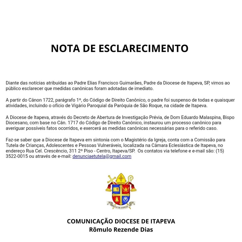 Diocese afasta padre condenado nos Estados Unidos por abuso de menores após denúncia em livro