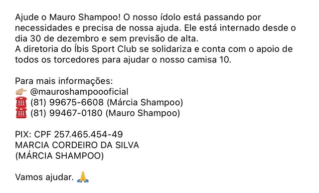 Ídolo do Íbis, Mauro Shampoo é internado, e clube pede ajuda