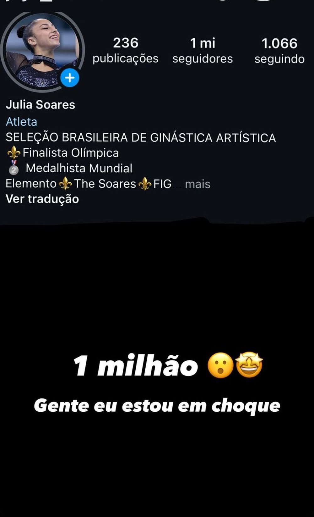 Ginasta Julia Soares ultrapassa 1 milhão de seguidores após bronze