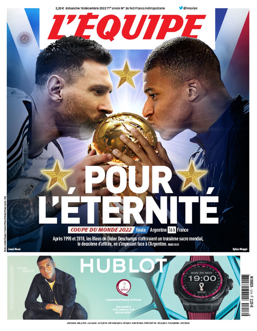 'Para a eternidade': jornal francês destaca protagonismo de Mbappé e Messi na final