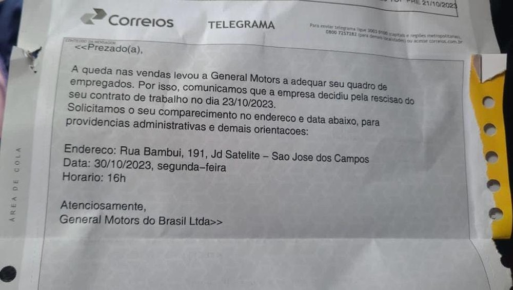 GM envia telegrama para demitir funcionários de três fábricas no Brasil