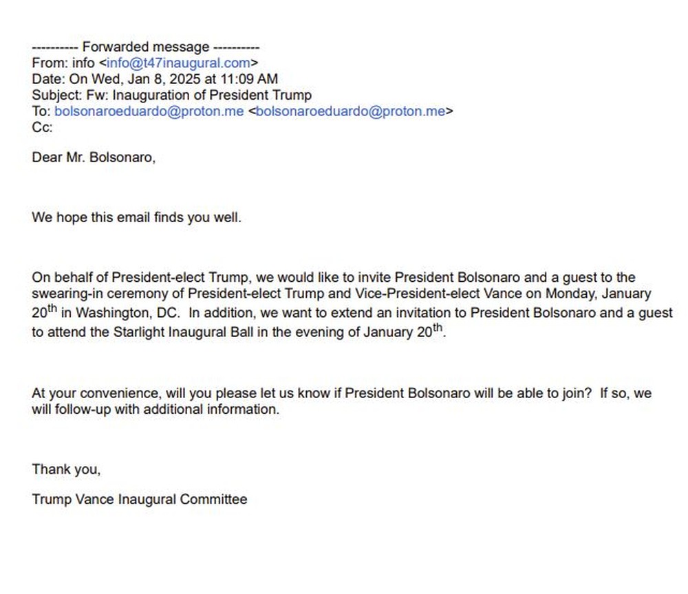 Defesa de Bolsonaro diz a Moraes que convite para posse de Trump é 'o próprio e-mail' já ...