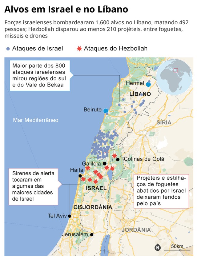 Mapa mostra extensão dos últimos ataques na guerra entre Israel e Hezbollah