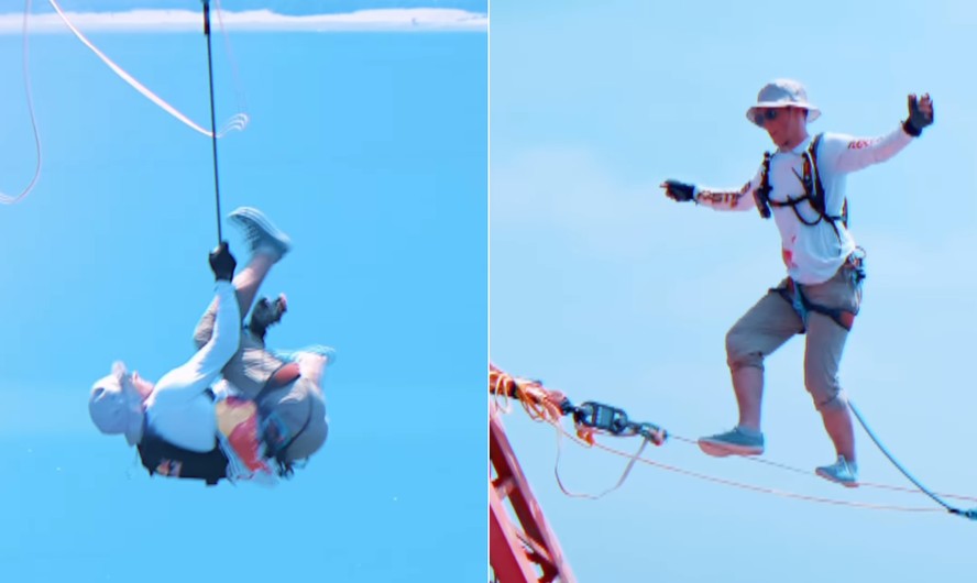 Tricampeão mundial tenta bater recorde no Slackline a 265 metros de altura, mas cai ao fim da ...