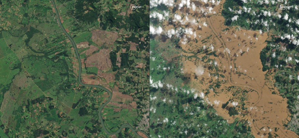 Imagens de satélite mostram o antes e depois da passagem de ciclone pelo RS
