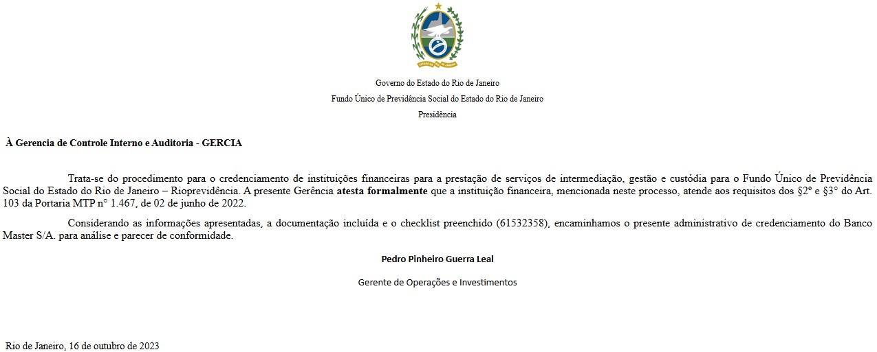 Processo para credenciar Banco Master no Rioprevidência foi aberto no ...