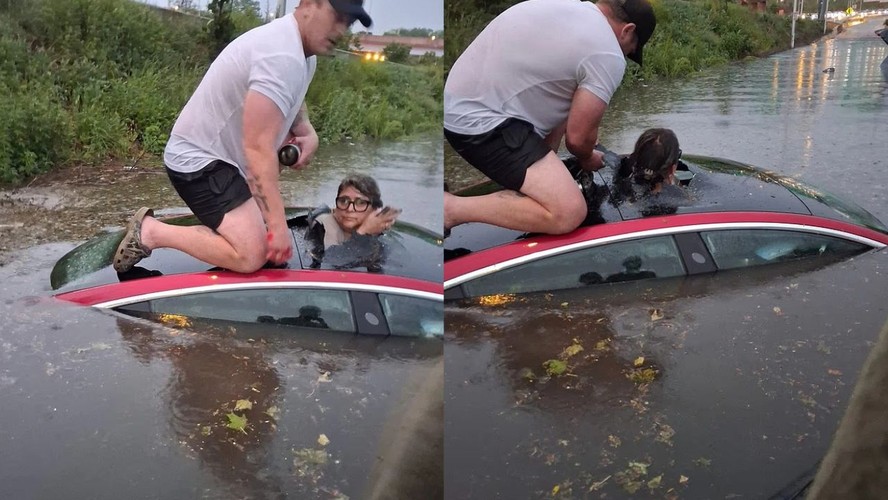 Bombeiro quebra teto solar de Tesla e salva mulher presa em carro ...