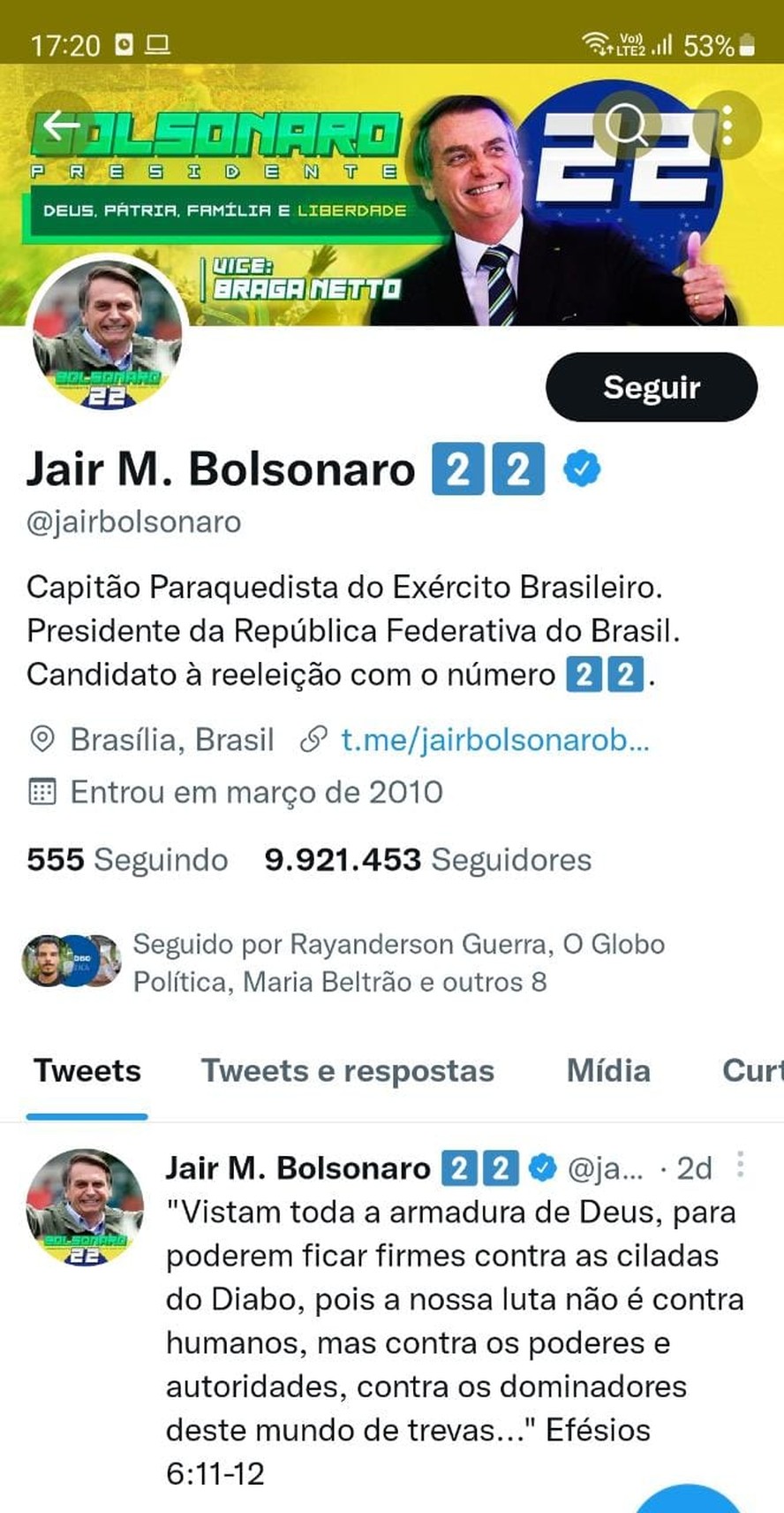 Bolsonaro segue como 'candidato à reeleição' em suas redes sociais