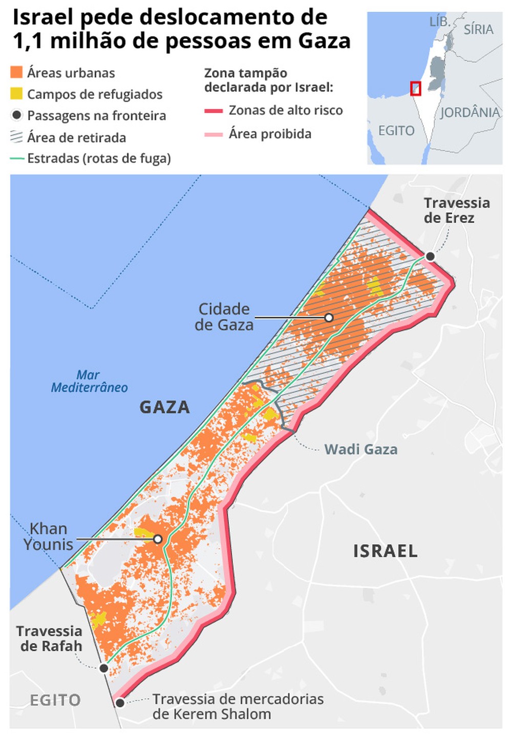 Veja em mapa as rotas de fuga para civis palestinos escaparem do norte ...