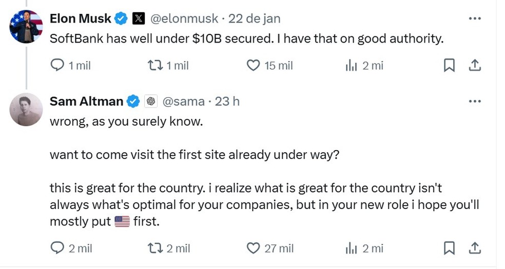 Treta na IA: Musk e Sam Altman trocam farpas nas redes pelo bilionário projeto Stargate