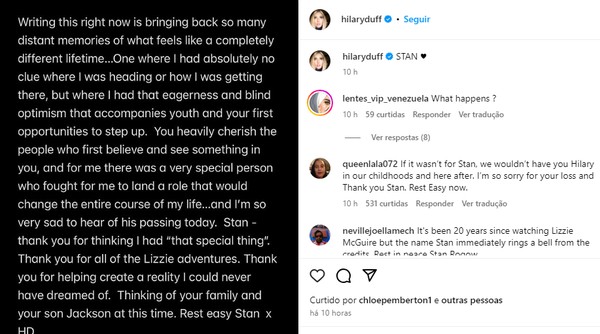 Hilary Duff se pronuncia sobre morte de Stan Rogow, produtor da série ...