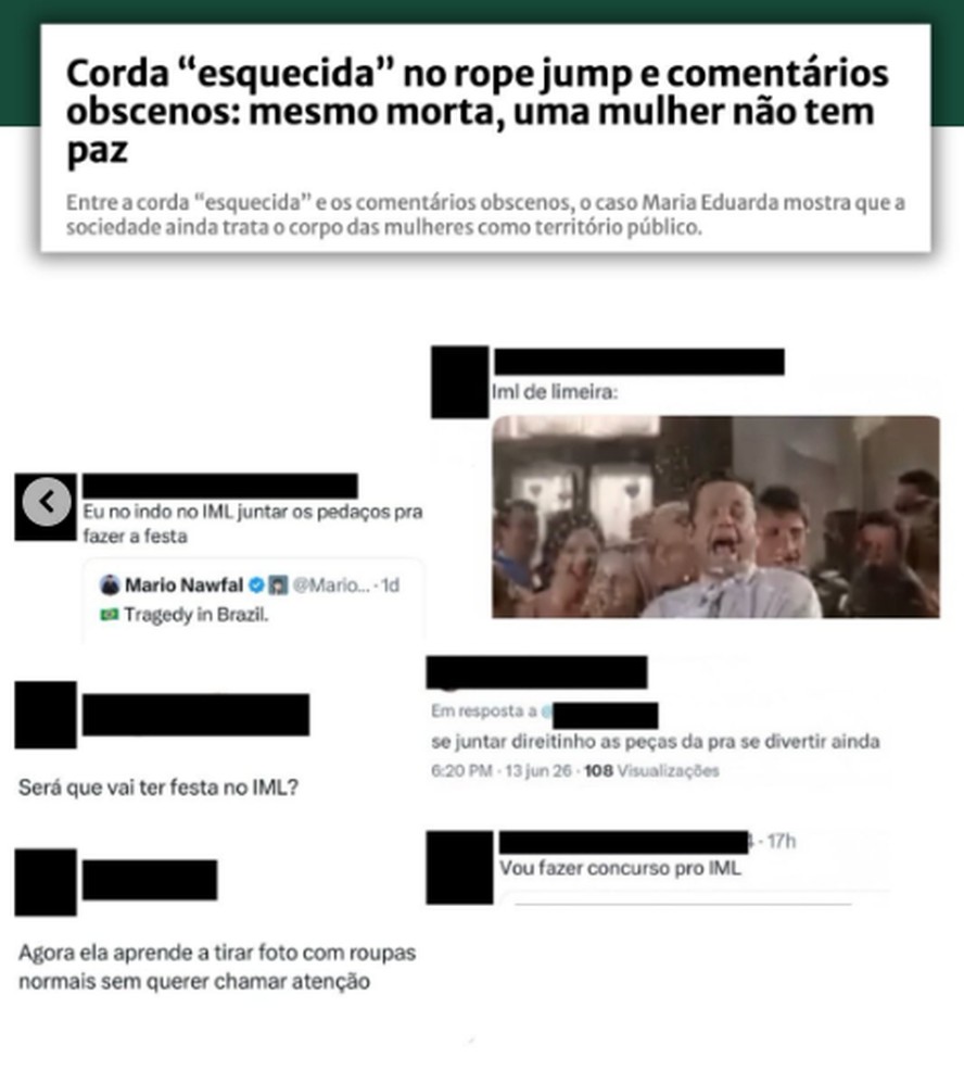'Festa no IML': perfis com ataques a jovem morta em rope jump saem do ar