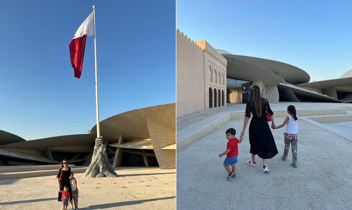 Anna Mariana, mulher de Casemiro, passeia com os filhos em museu do Catar