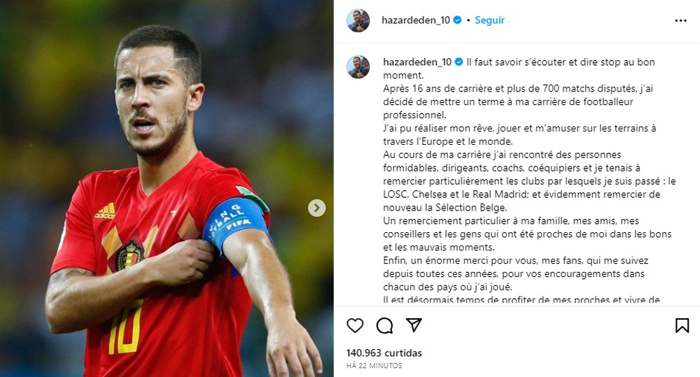 Hazard anuncia aposentadoria do futebol aos 32 anos: 'Realizei meu sonho'