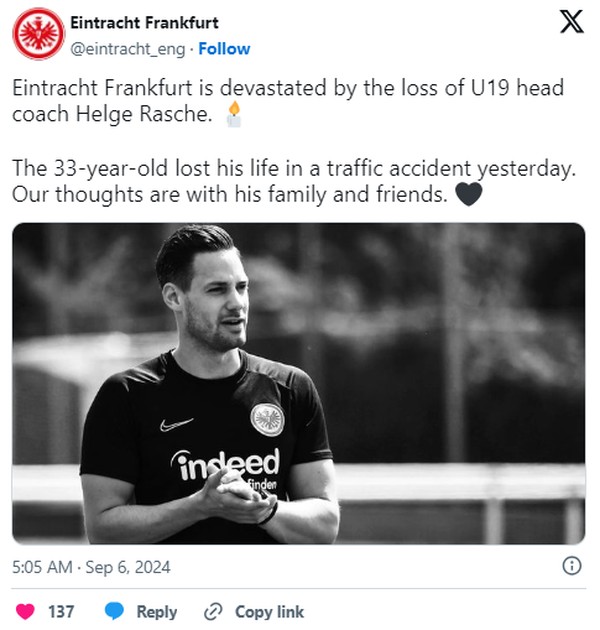 Eintracht Frankfurt lamenta morte de jovem treinador aos 33 anos; clube ...
