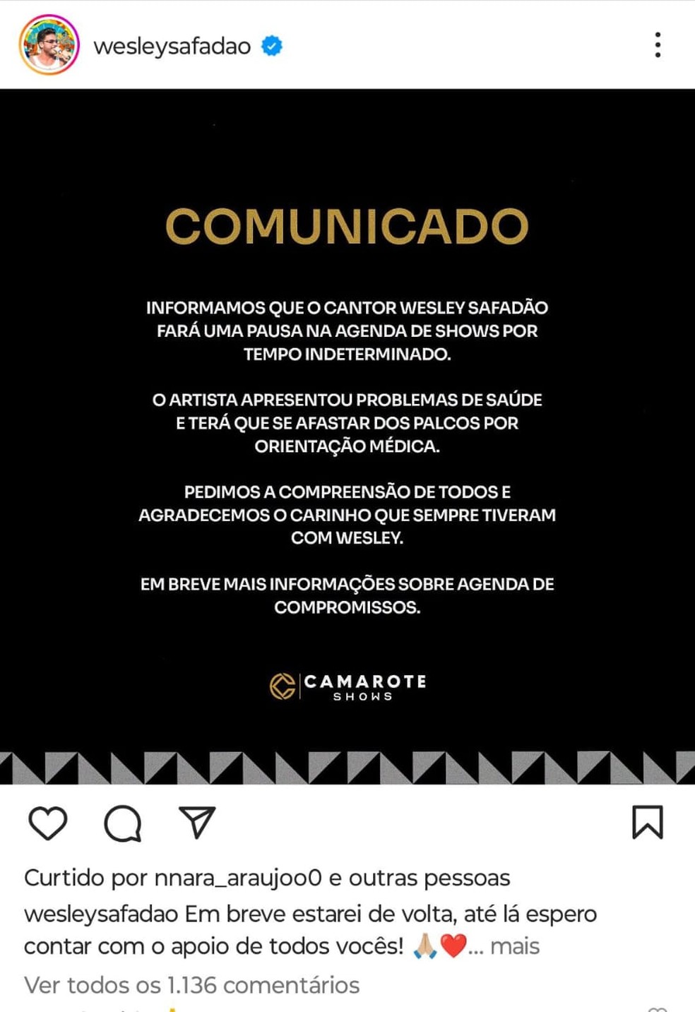 Wesley Safadão anuncia pausa na agenda de shows por 'problemas de saúde'