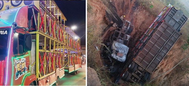 Carreta furacão cai em barranco e deixa duas pessoas mortas em MG