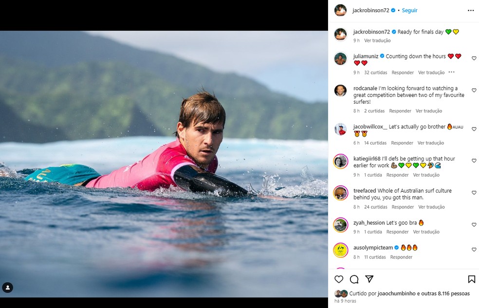 Surfe nas Olimpíadas 2024: Jack Robinson recebe apoio de sua mulher ...