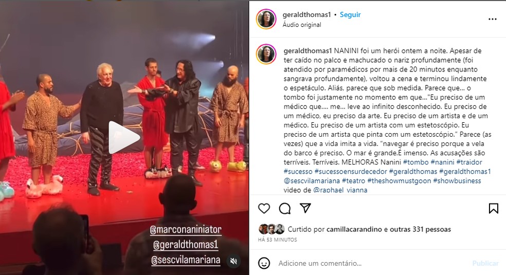 'Nanini foi um herói', destaca Gerald Thomas após queda de ator na estreia de 'Traidor', em São ...