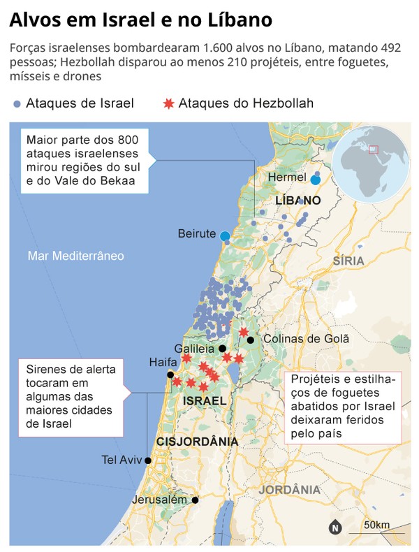 Mapa mostra extensão dos últimos ataques na guerra entre Israel e Hezbollah