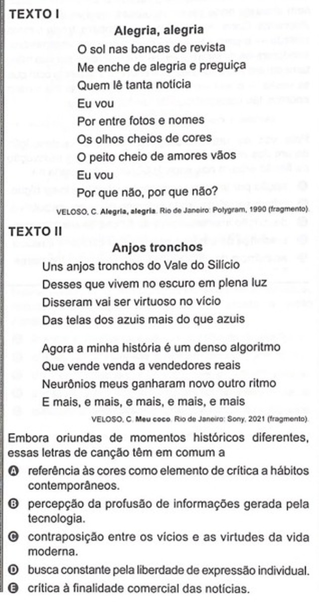 Caetano Veloso responde questão do Enem que usou letras de 'Alegria, Alegria' e 'Anjos Tronchos ...