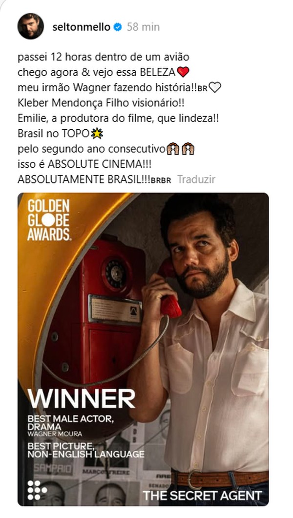 Selton Mello homenageia Wagner Moura nas redes sociais. Veja o post