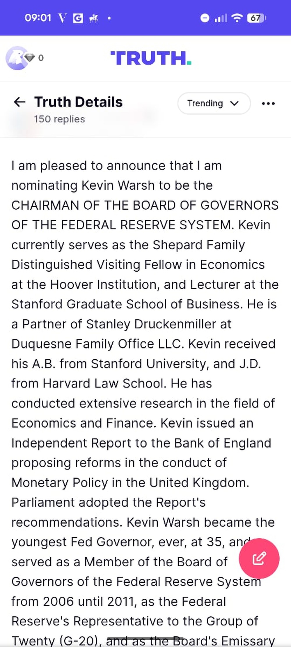 Trump anuncia Kevin Warsh como sucessor de Powell na presidência do Fed