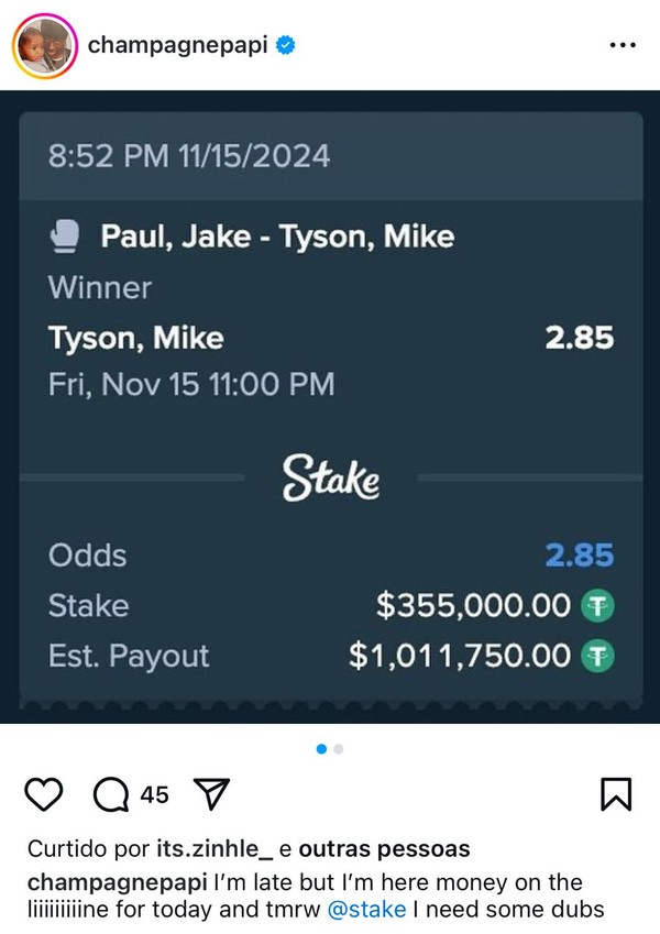 Rapper Drake perde mais de R$ 2 milhões após apostar em Mike Tyson ...