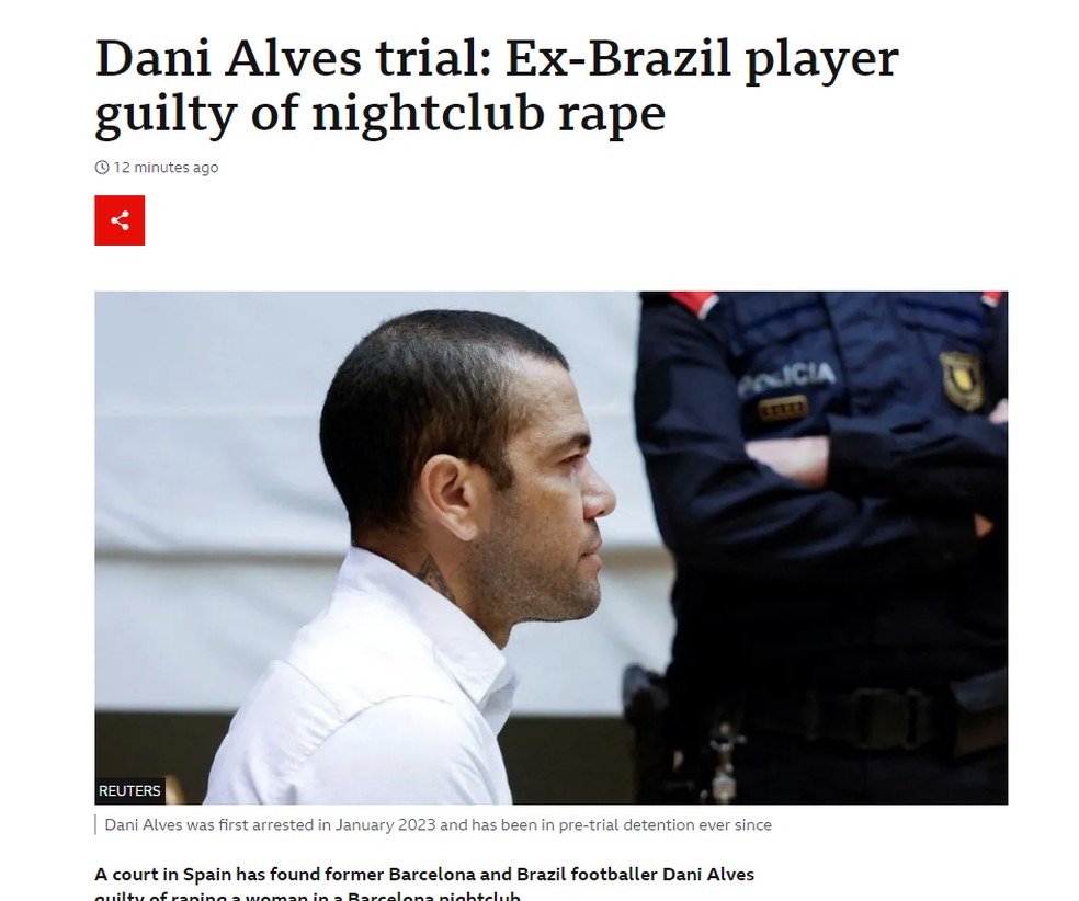 Daniel Alves: imprensa internacional repercute condenação por estupro
